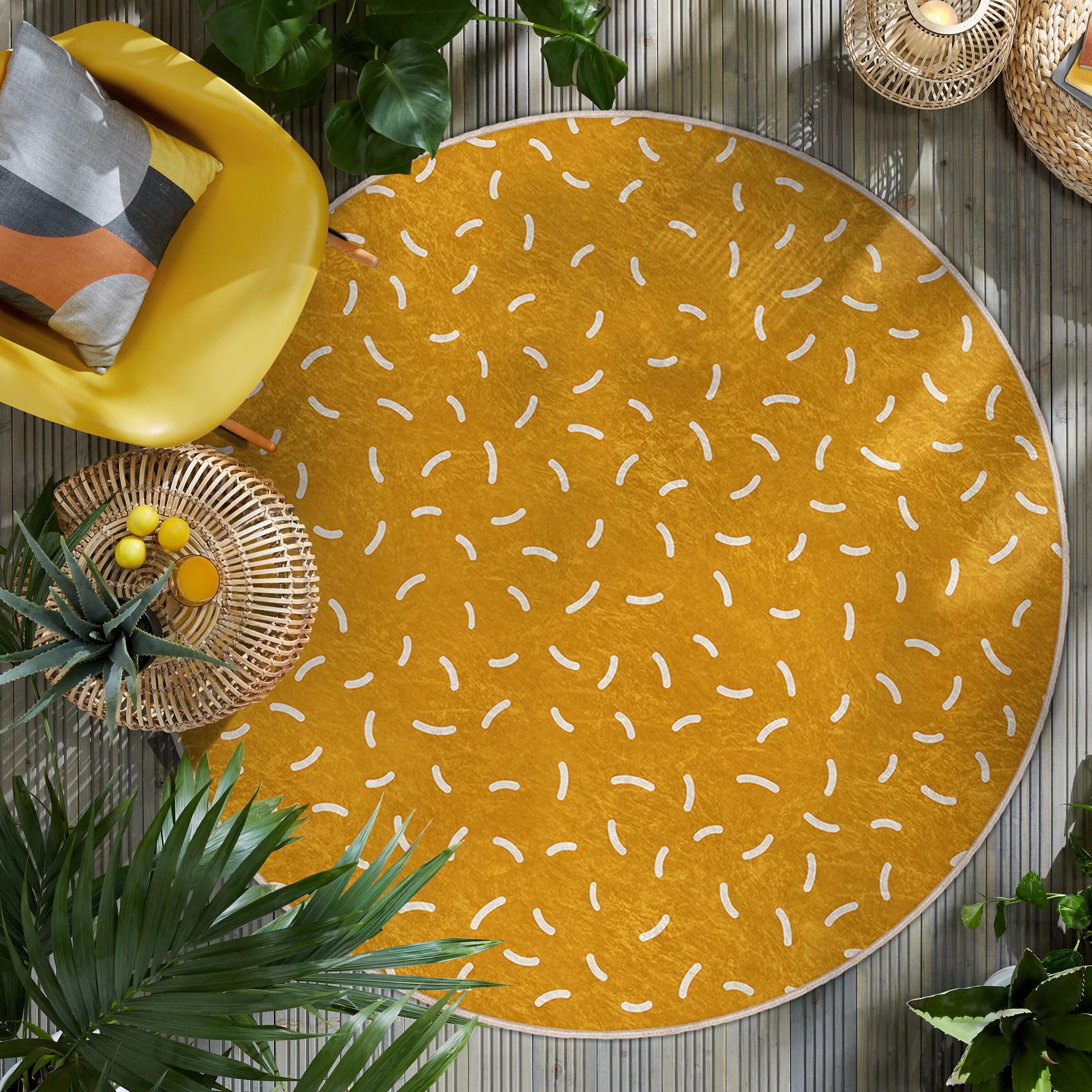 Mustard Sprinkle Pattern Round Rug - Dotted White Lines Area Carpet ...