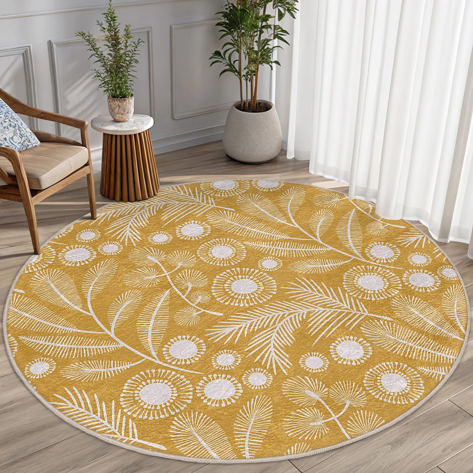 Botanical Floral Yellow Round Rug -pine Cones Dandelion Pattern-circle ...