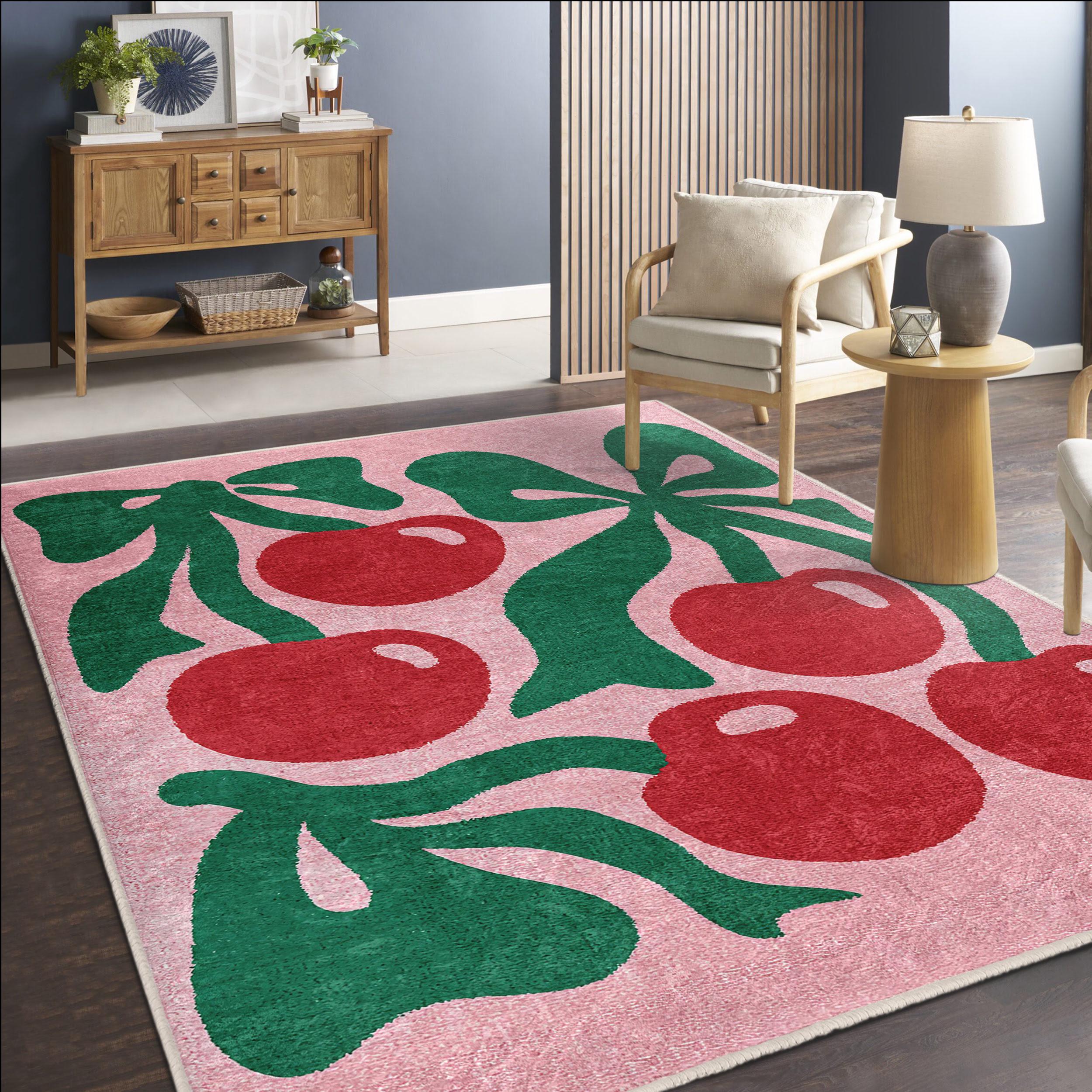 Pink Cherry Motif Area Rug -bold Fruit Leaf Pattern Rug-vibrant Anti ...