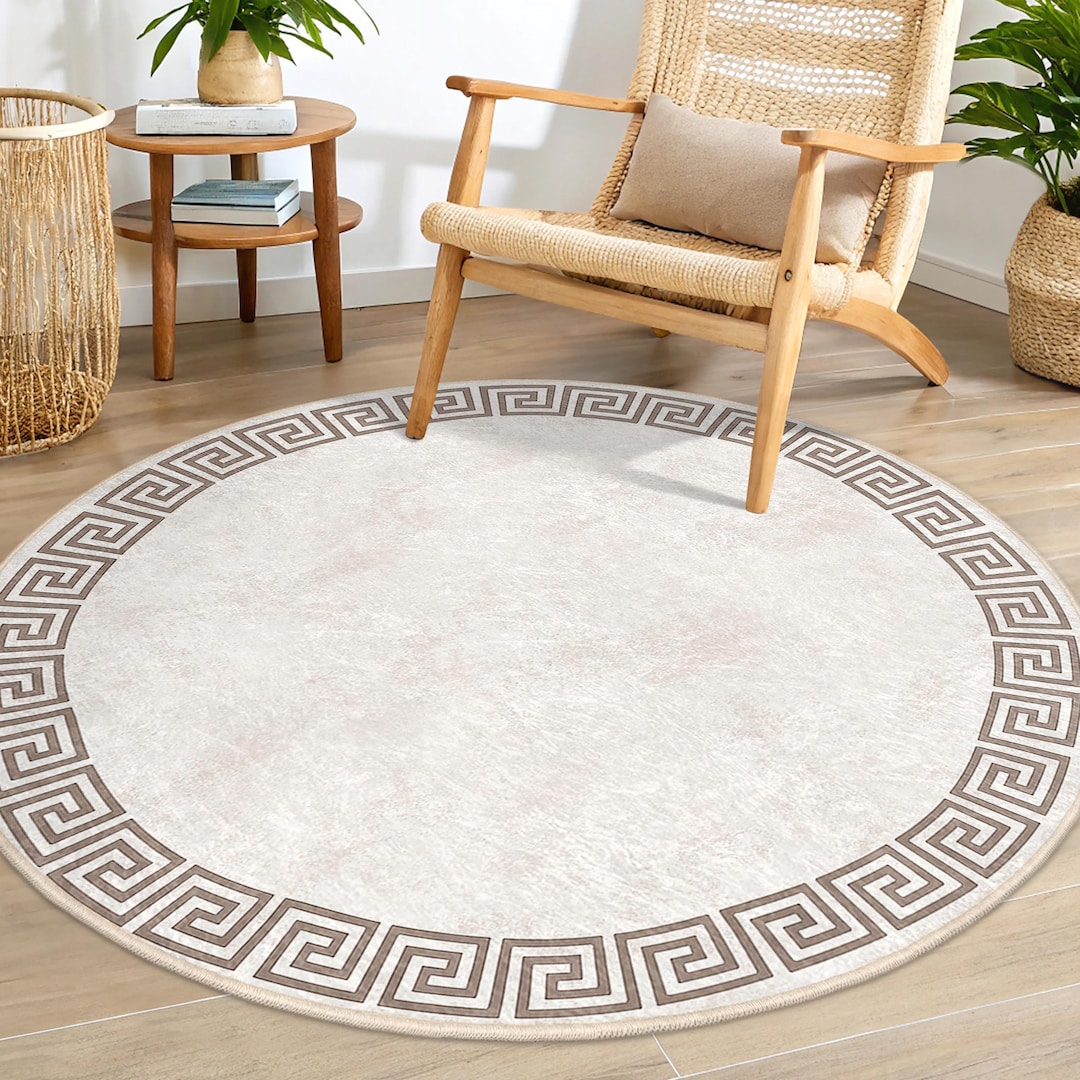 Classic Greek Key Border Round Rug -greek Key Beige Circle Mat-elegant ...