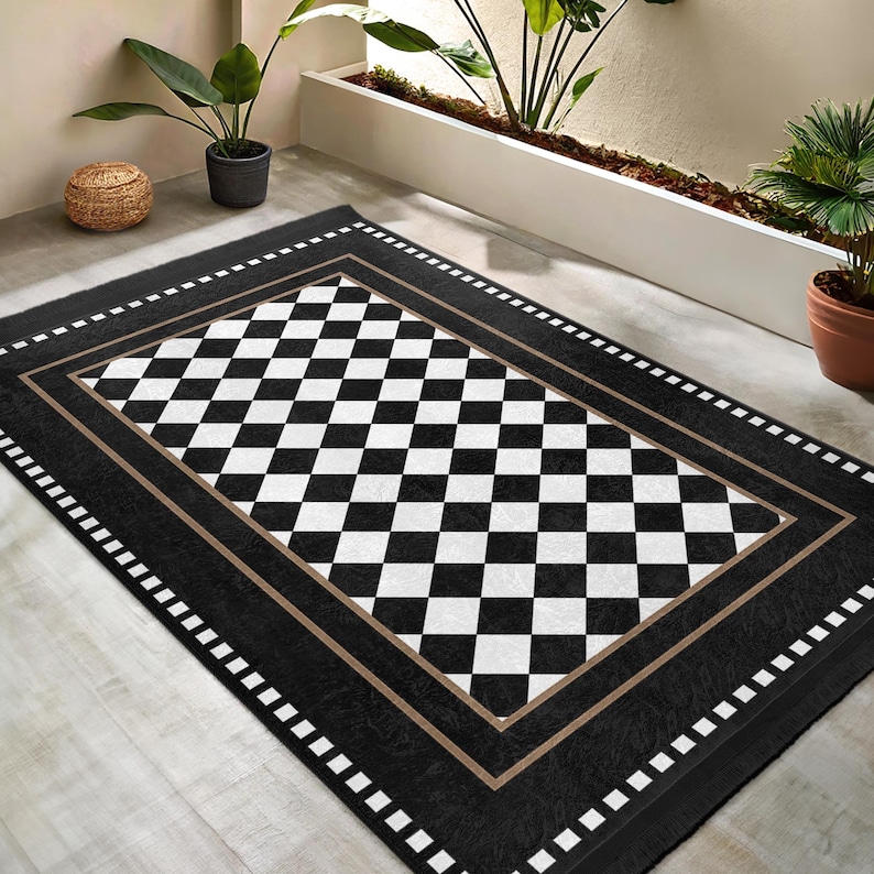 Black White Checkered Area Rug - Geometric Chessboard Pattern Carpet ...