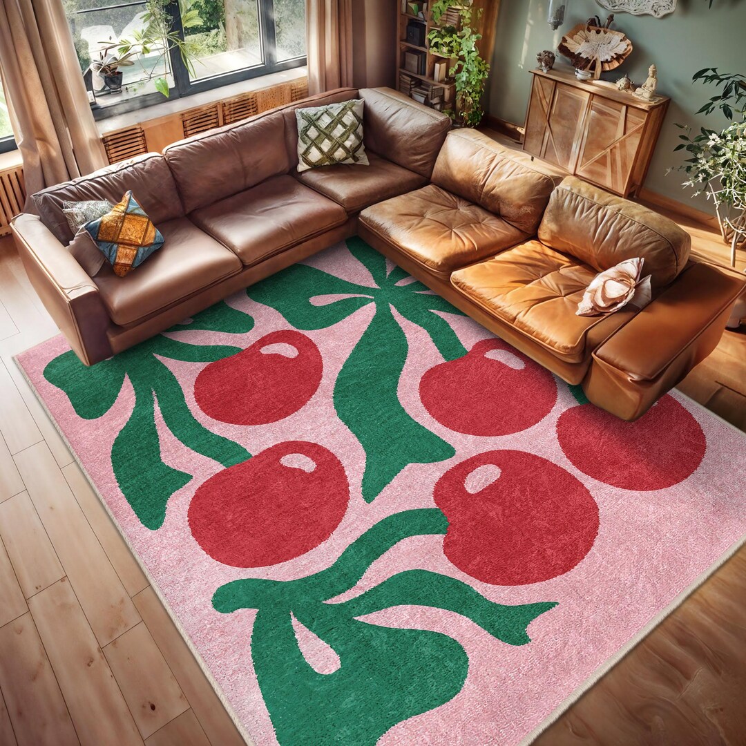 Pink Cherry Motif Area Rug -bold Fruit Leaf Pattern Rug-vibrant Anti ...