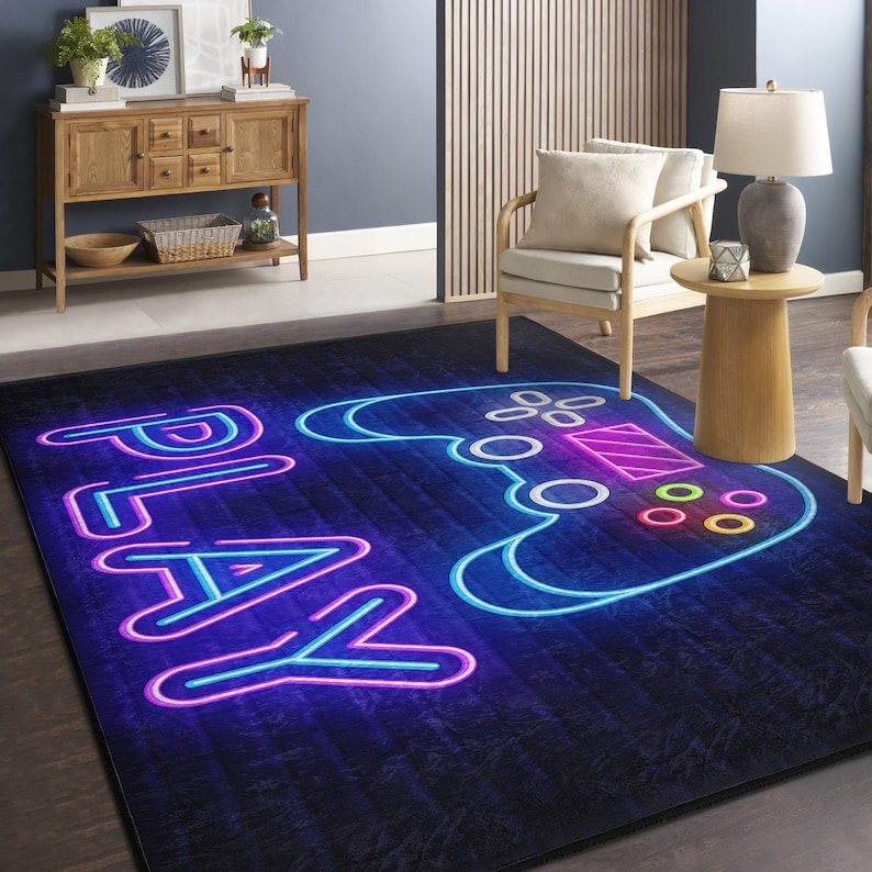 Neon Play Black Area Rug - Gaming Room Glow Rug-controller Non Slip ...