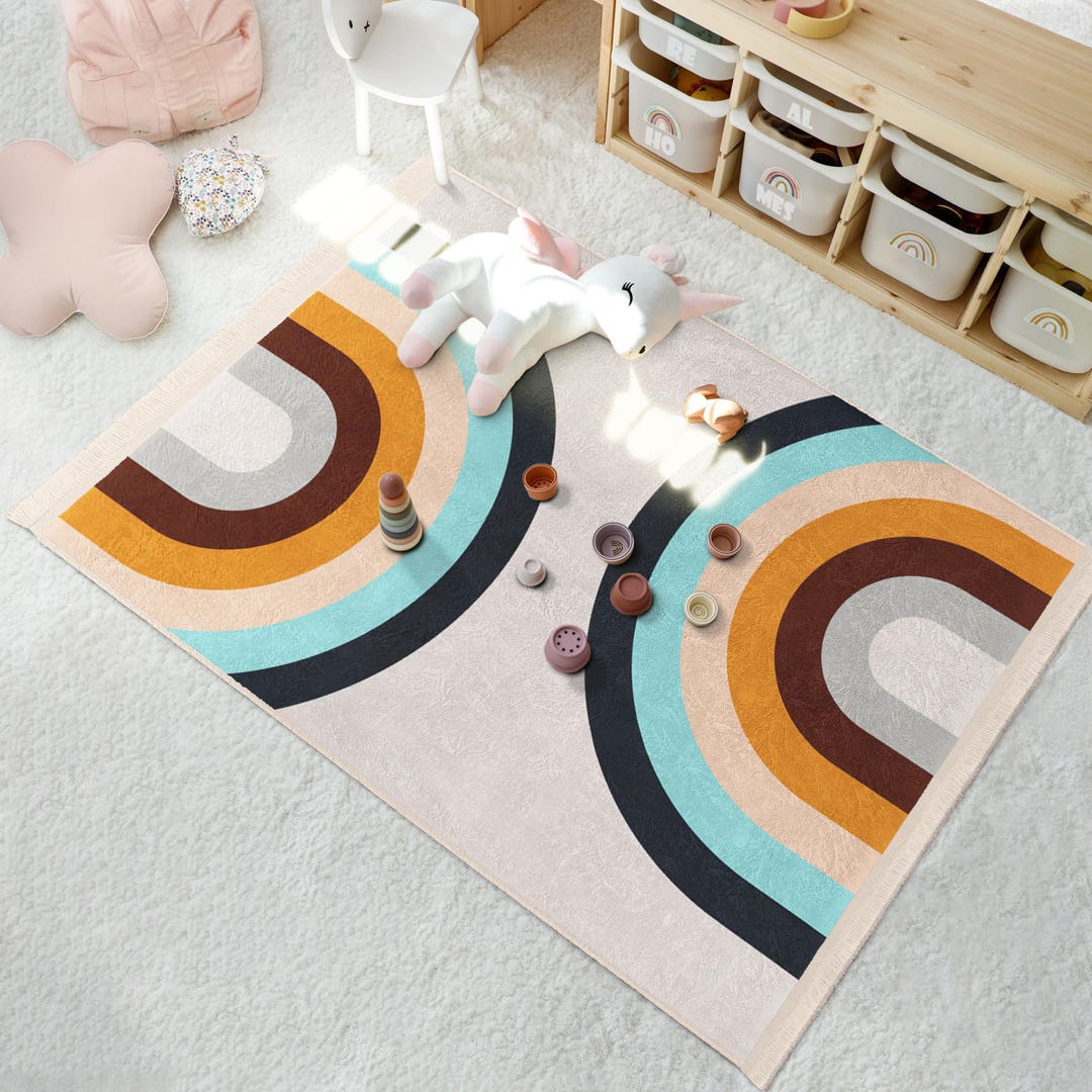 Retro Arch Design Rug - Multicolor Curved Stripes-mid-century Modern ...