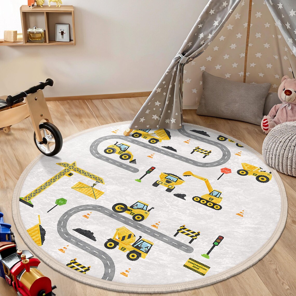 Yellow Construction Zone Theme Kids Room Round Rug - Roads Traffic ...