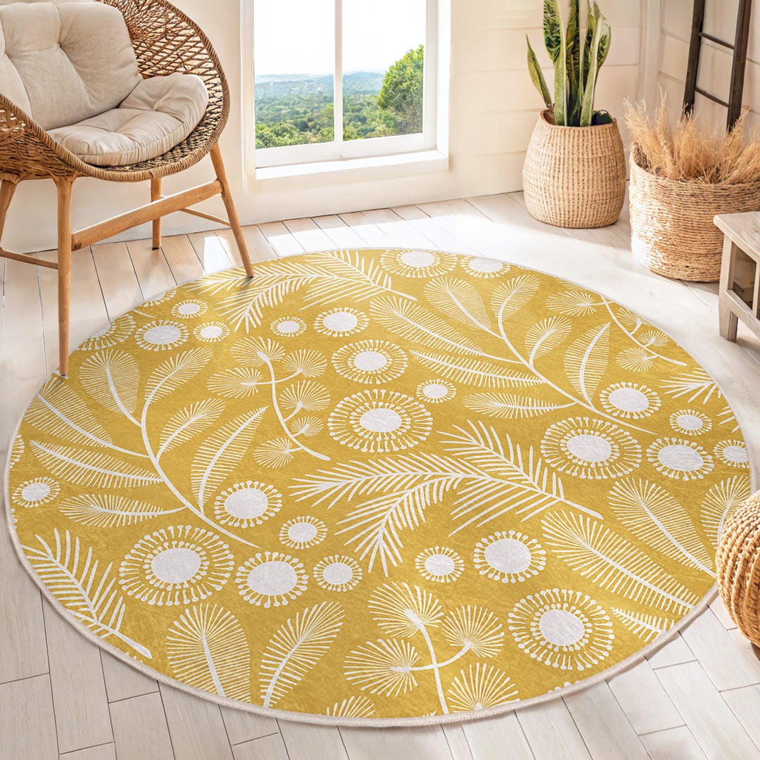 Botanical Floral Yellow Round Rug -pine Cones Dandelion Pattern-circle ...