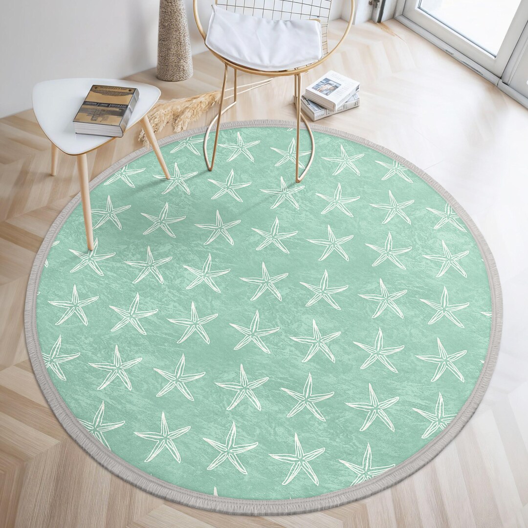 Starfish Sage Green Round Rug - Coastal Theme Star Motif Area Rug -mint ...