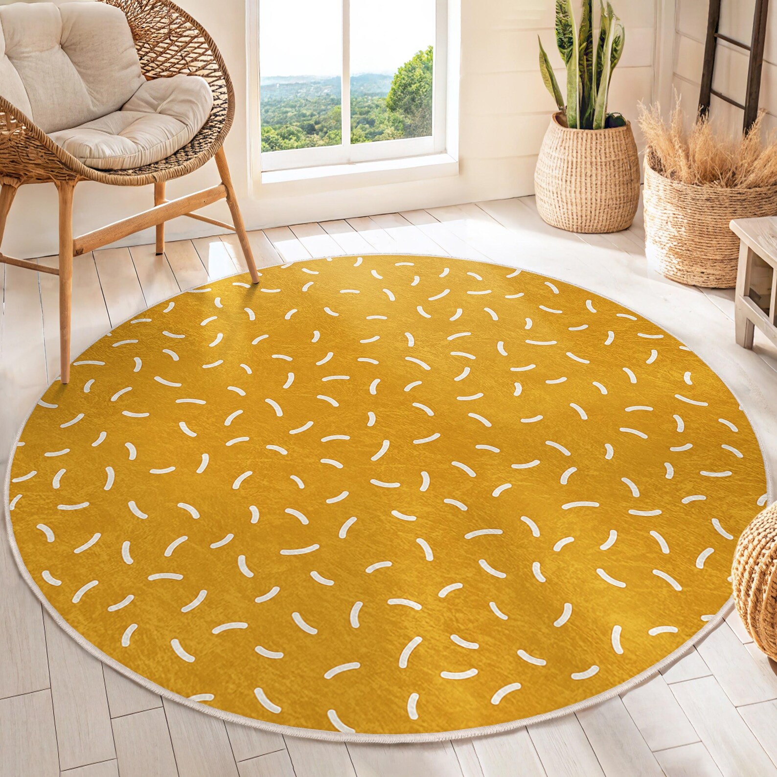 Mustard Sprinkle Pattern Round Rug - Dotted White Lines Area Carpet ...