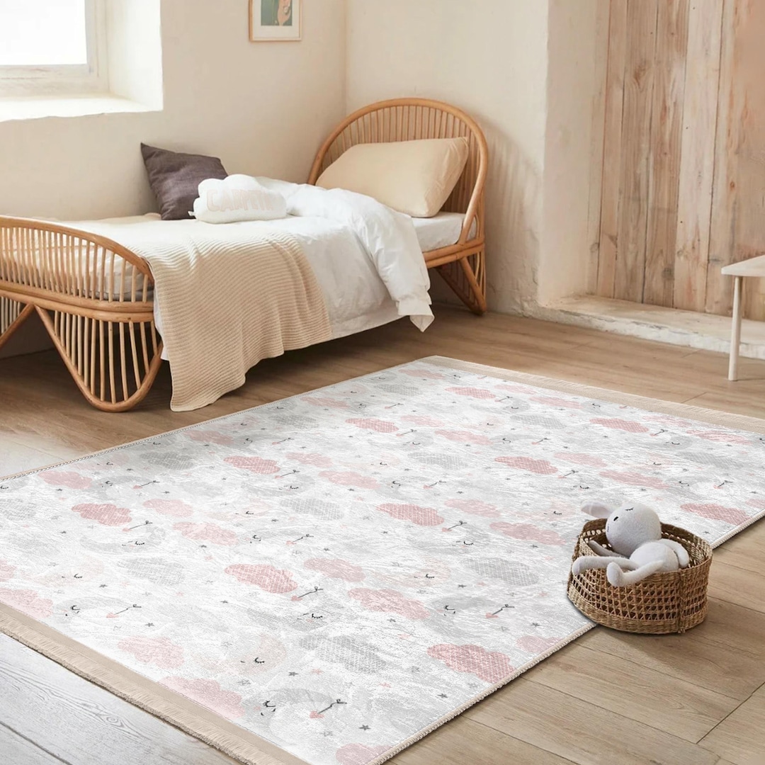 Cloudy Skies Nursery Rug - Dreamy Pink Cloud Pattern Mat - Children's ...