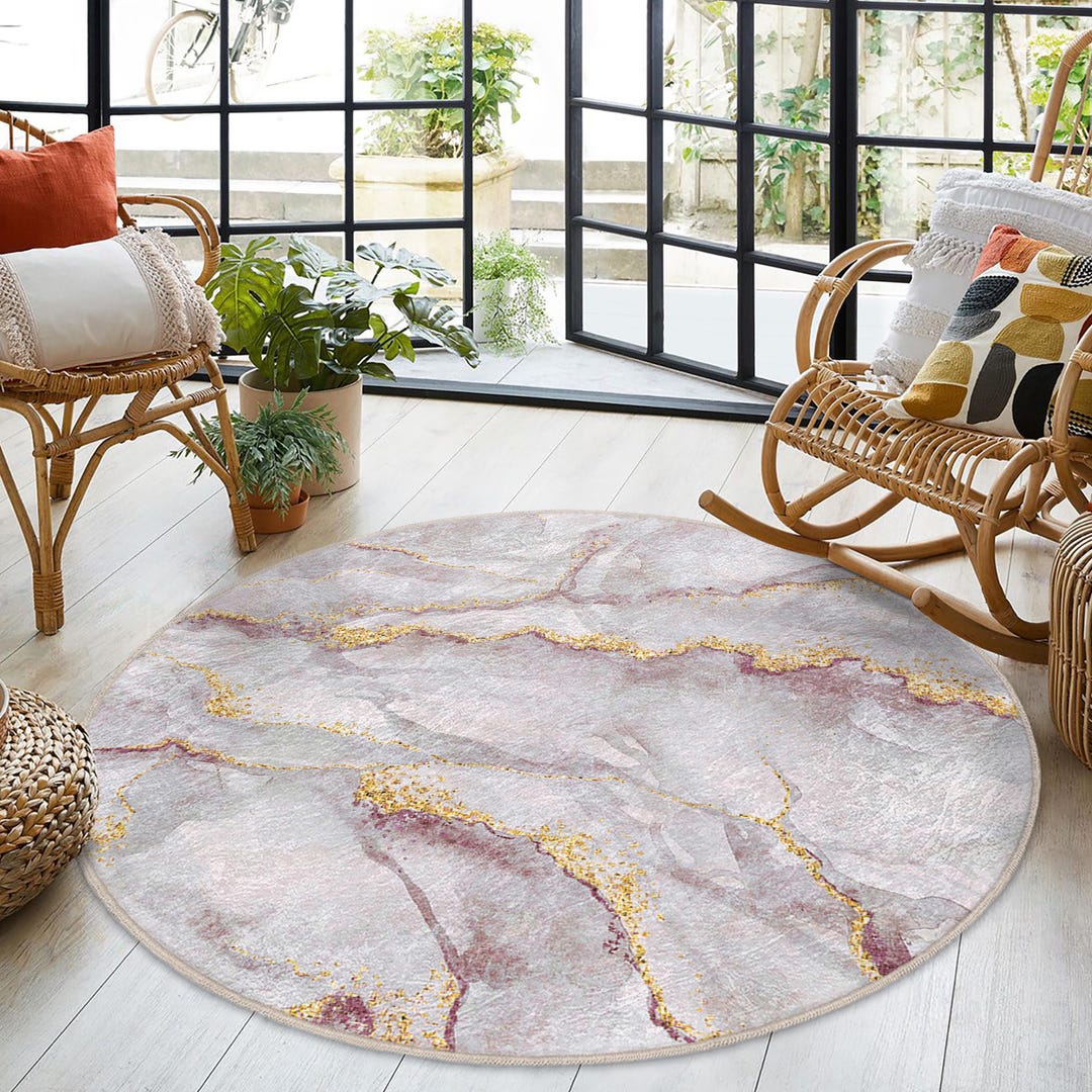 Marble Effect Pastel Round Rug - Gold Vein Abstract Circle Carpet ...
