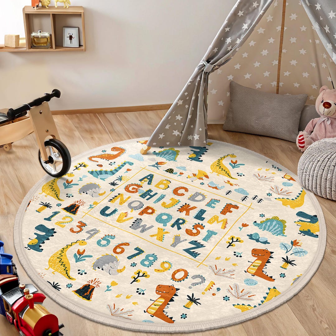 Dinosaur Alphabet Kids Room Round Rug - Dino Letter Number Circle ...