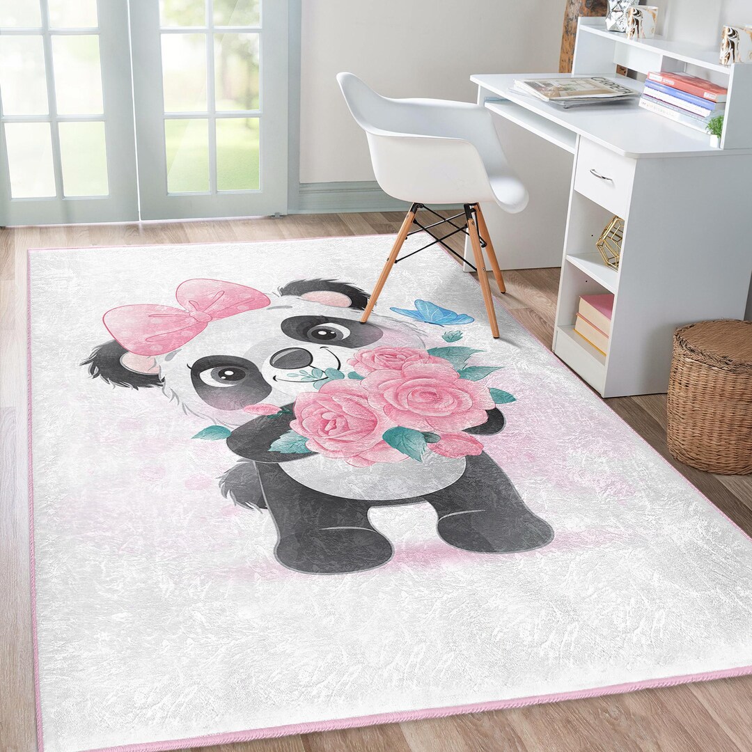 Panda Bow Pink Rug - Cute Animal Design Cozy Kids Area Rug - Girls Room ...