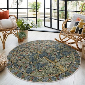 Morris Tree of Life Round Rug - Blue Botanical Leaves Circle Carpet ...