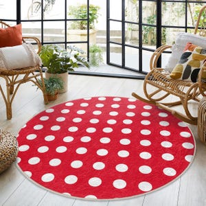 Red Polka Dot Pattern Round Rug - White Dot Vibrant Design Circle ...