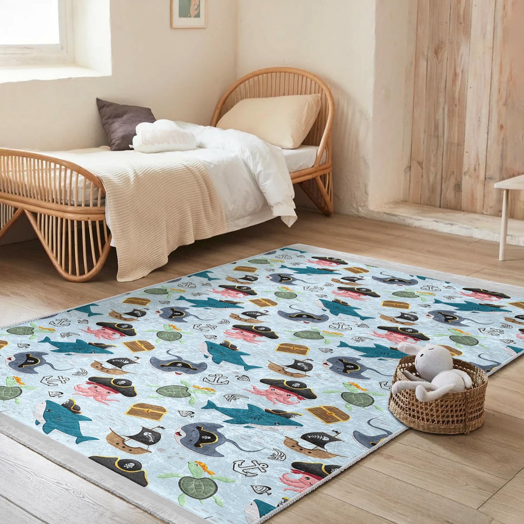 Pirate Adventure Ocean Theme Rug - Colorful Sharks Pirates Turtles Mat ...