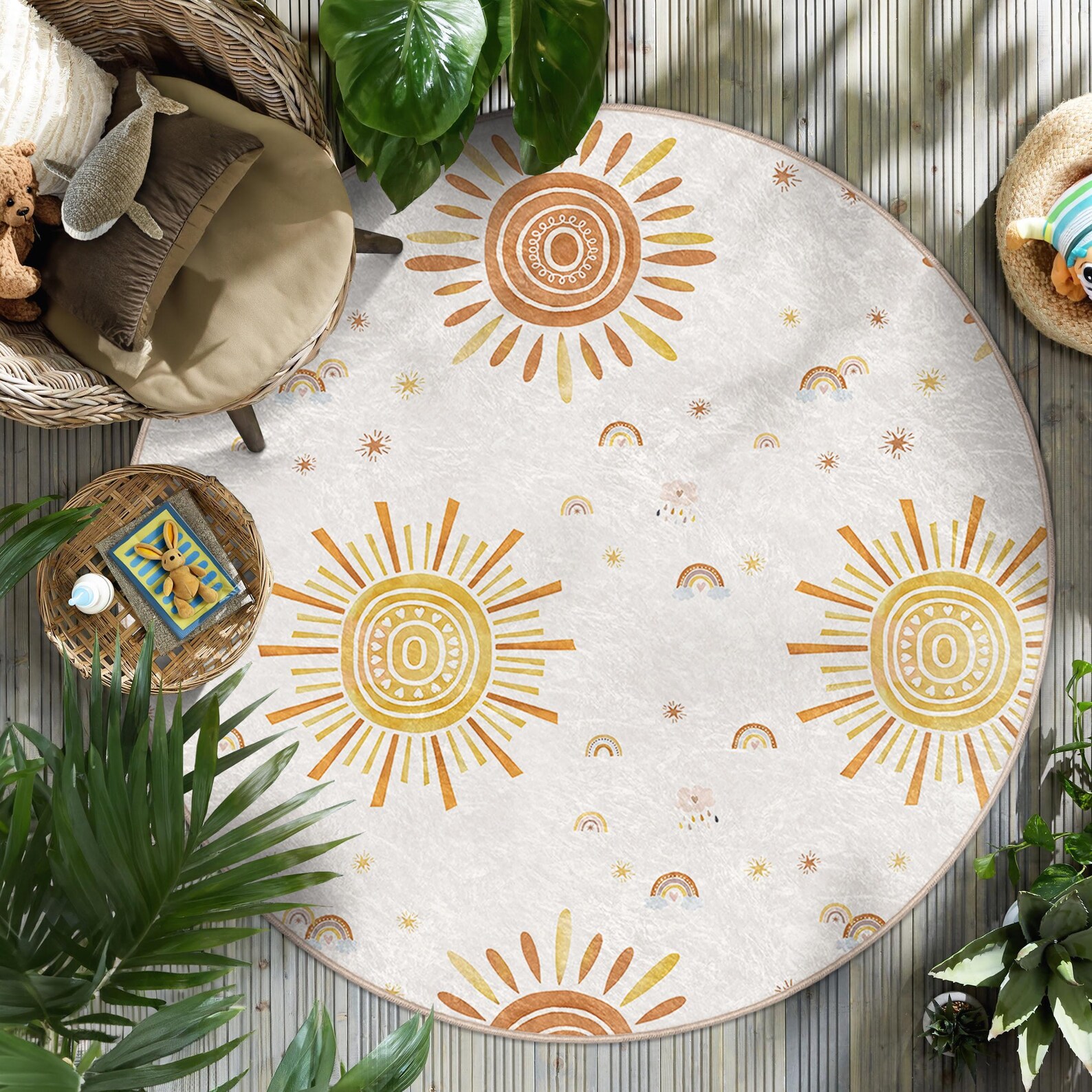 Sunshine Burst Kids Room Round Rug-celestial Sunshine Rainbow Motif ...