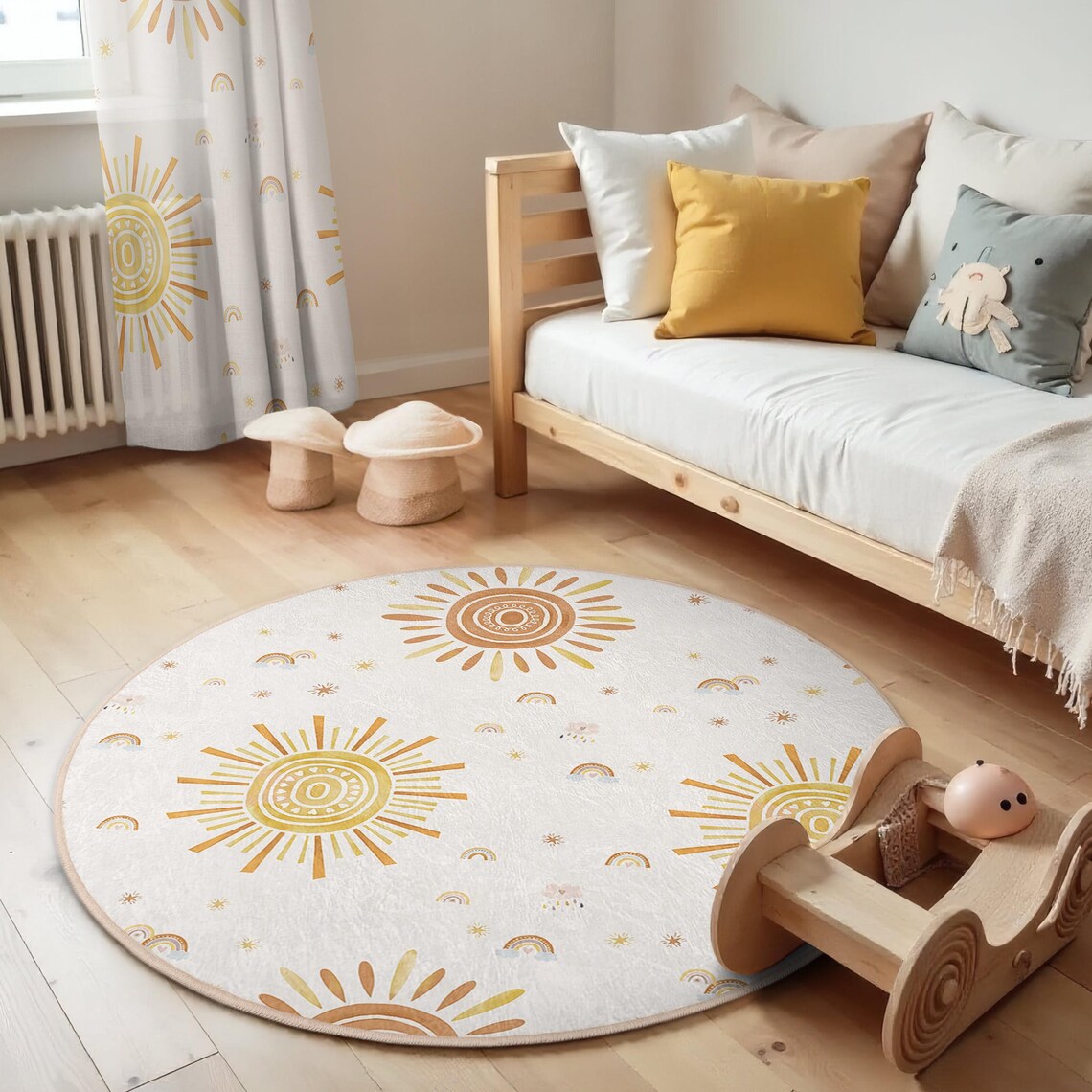 Sunshine Burst Kids Room Round Rug-celestial Sunshine Rainbow Motif ...