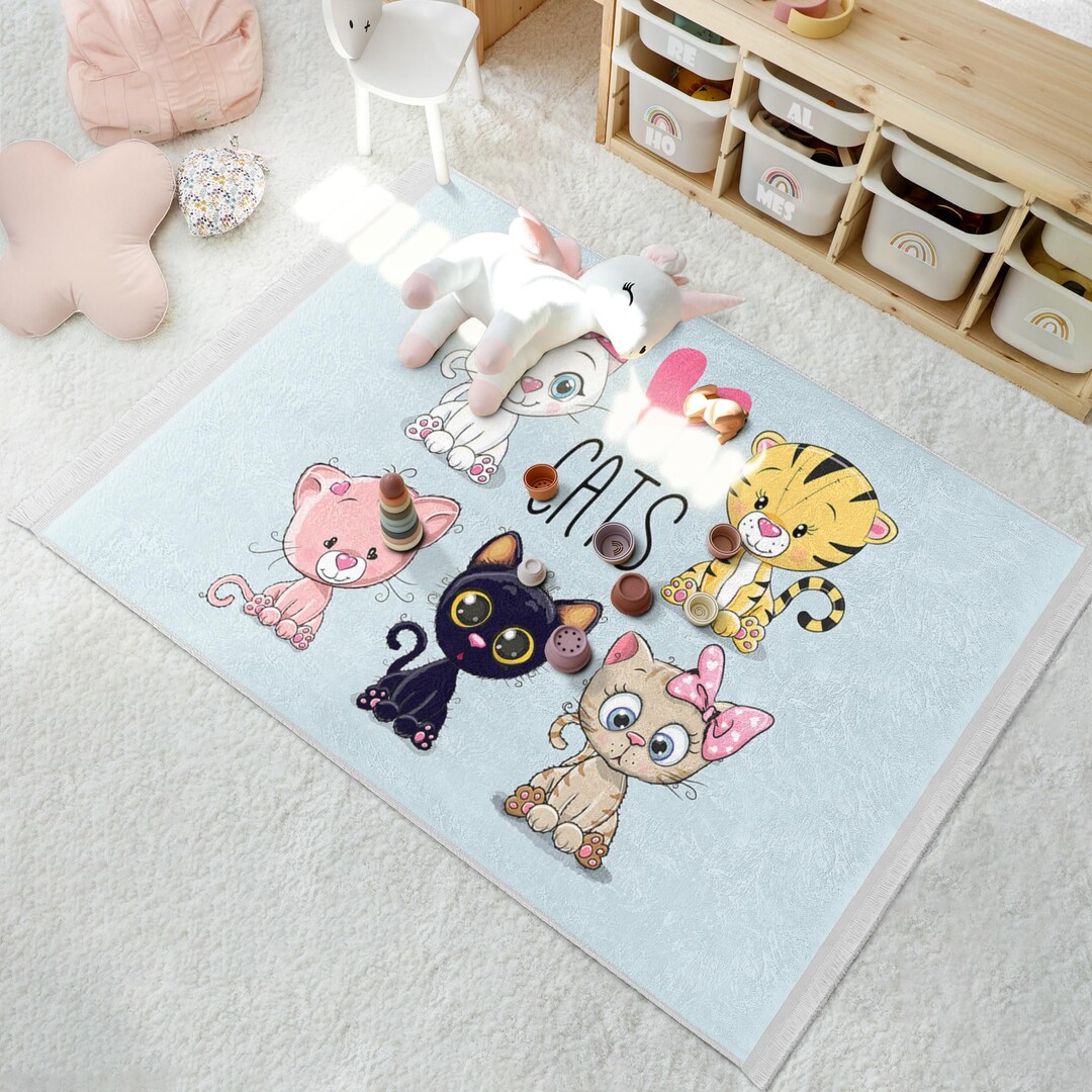 Playful Cartoon Cats Rug - Whimsical Kitty Pattern Mat - Blue Nursery ...