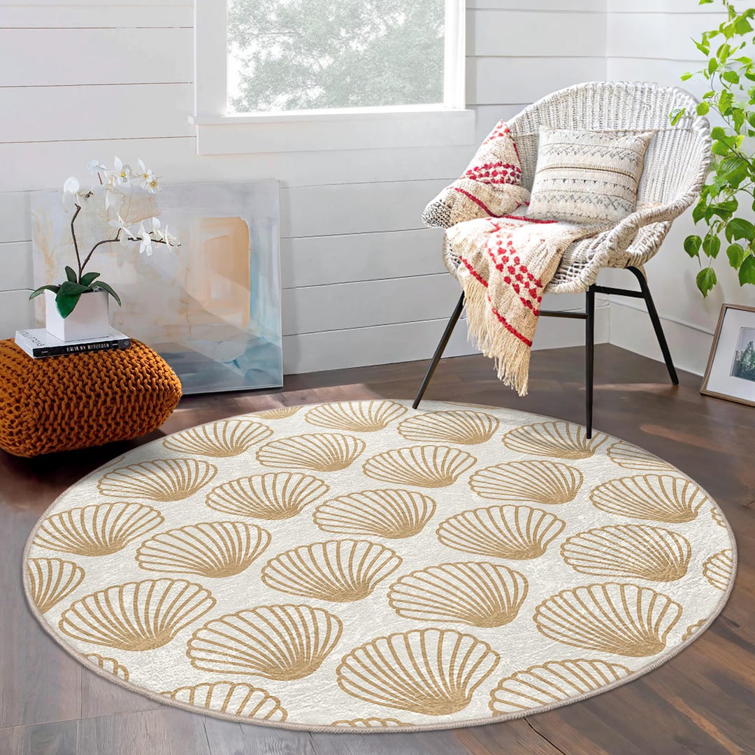 Elegant Shell Round Rug - Tan Wavy Shells Circle Carpet-coastal Decor ...