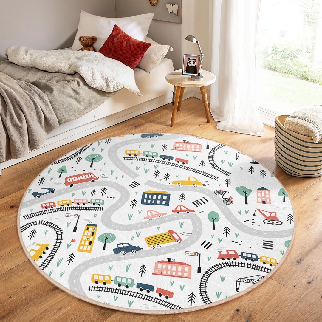 City Street Adventures Kids Room Round Rug - Road Cars Trees Activity ...