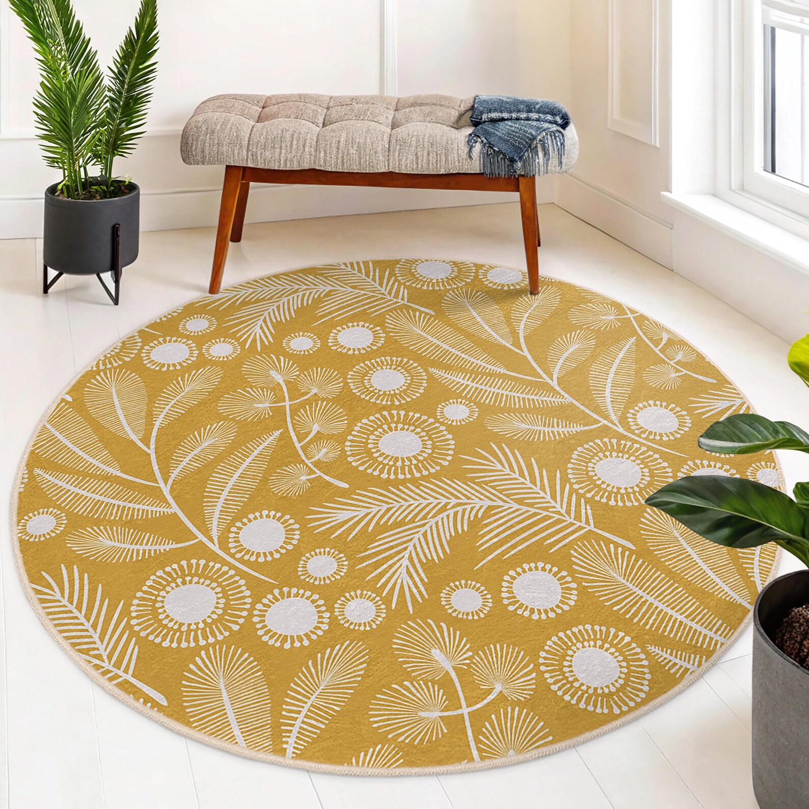 Botanical Floral Yellow Round Rug -pine Cones Dandelion Pattern-circle ...