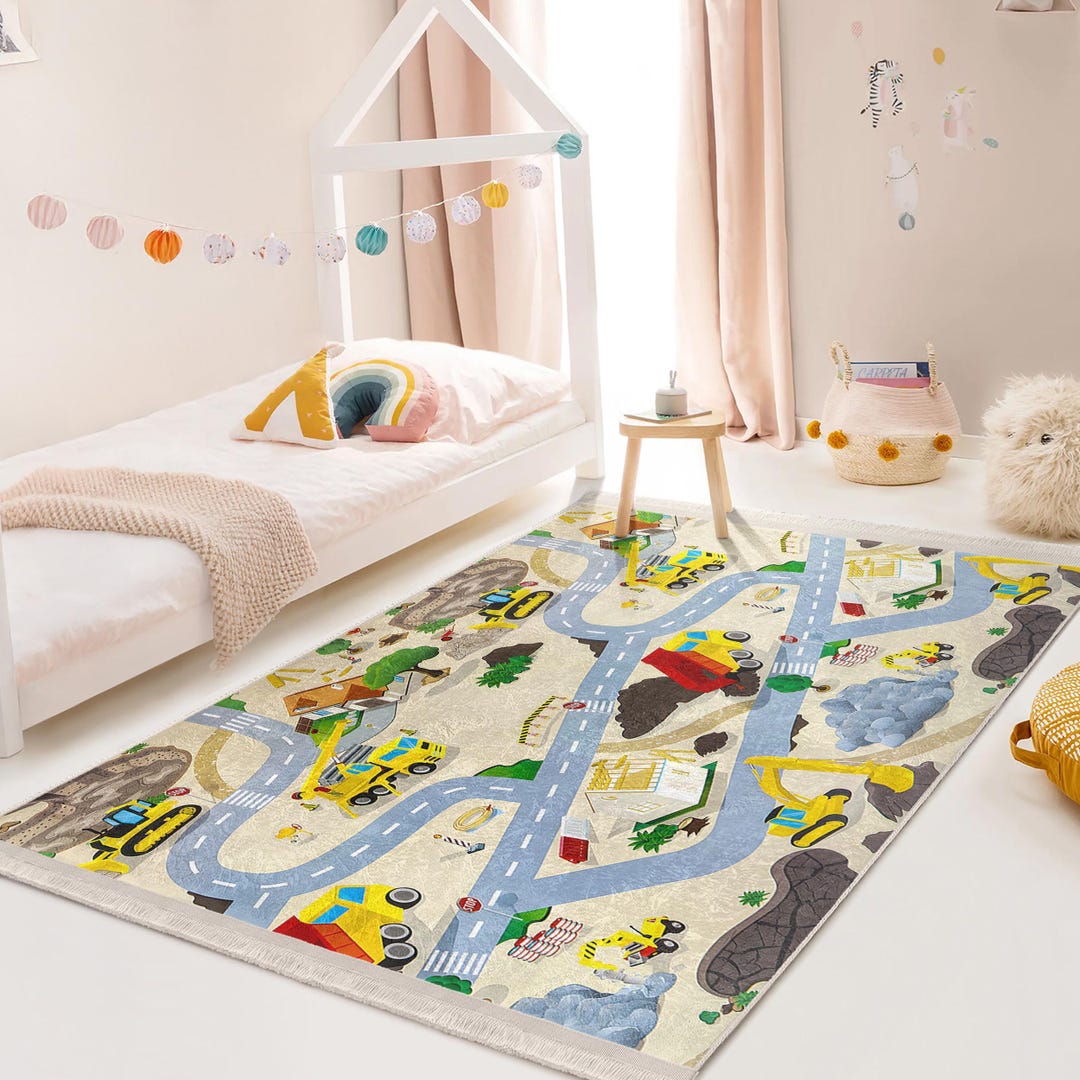 Construction Site Play Rug - Roads Trucks Diggers Design Carpet - Kids ...