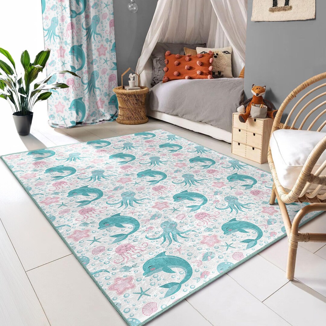 Mermaid Ocean Theme Rug-whimsical Fish Starfish Octopus Mat-teal ...