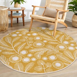 Botanical Floral Yellow Round Rug -pine Cones Dandelion Pattern-circle ...