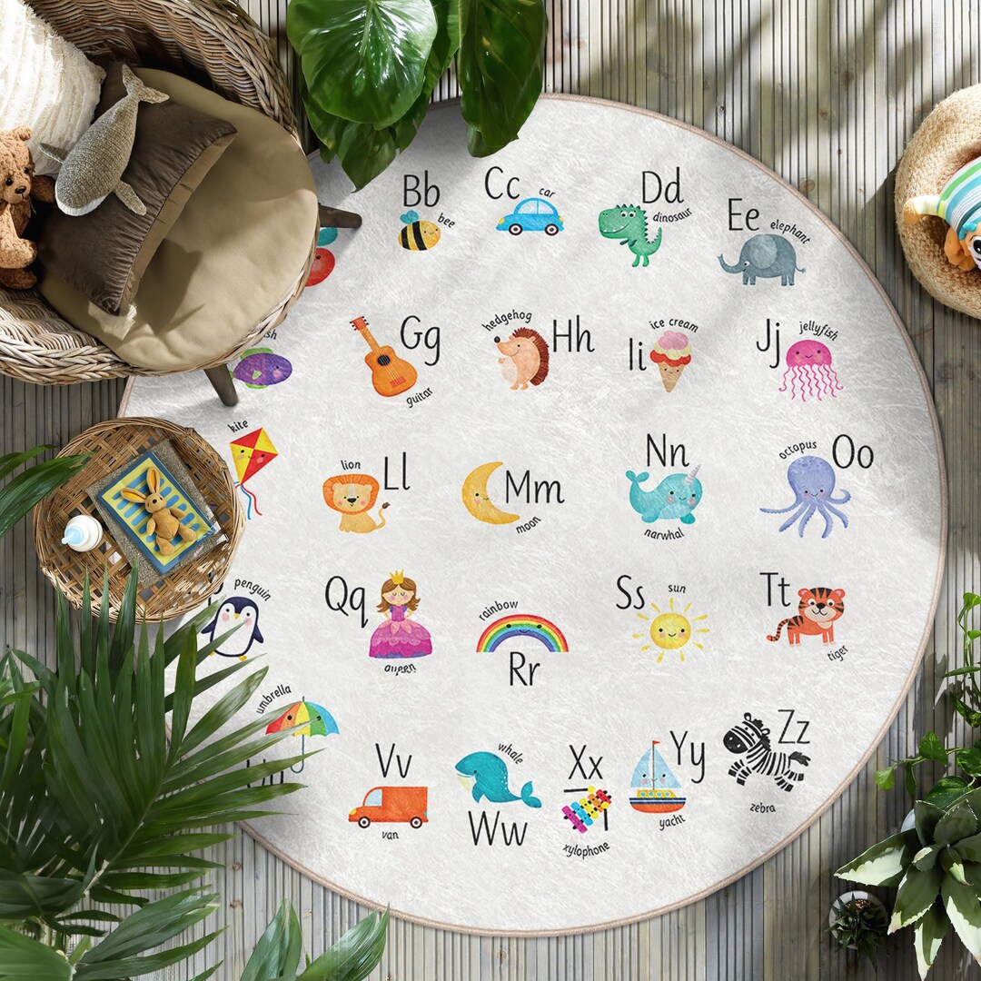 Alphabet Kids Room Round Rug - Animal A-Z Play Circle Carpet - White ...