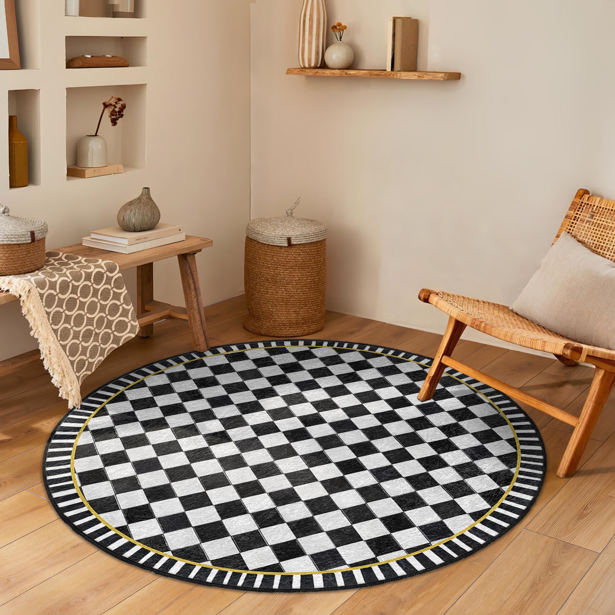 Checkered Black White Design Round Rug - Contrasting Checkerboard ...