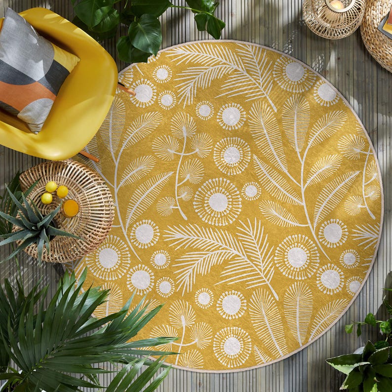 Botanical Floral Yellow Round Rug -pine Cones Dandelion Pattern-circle ...