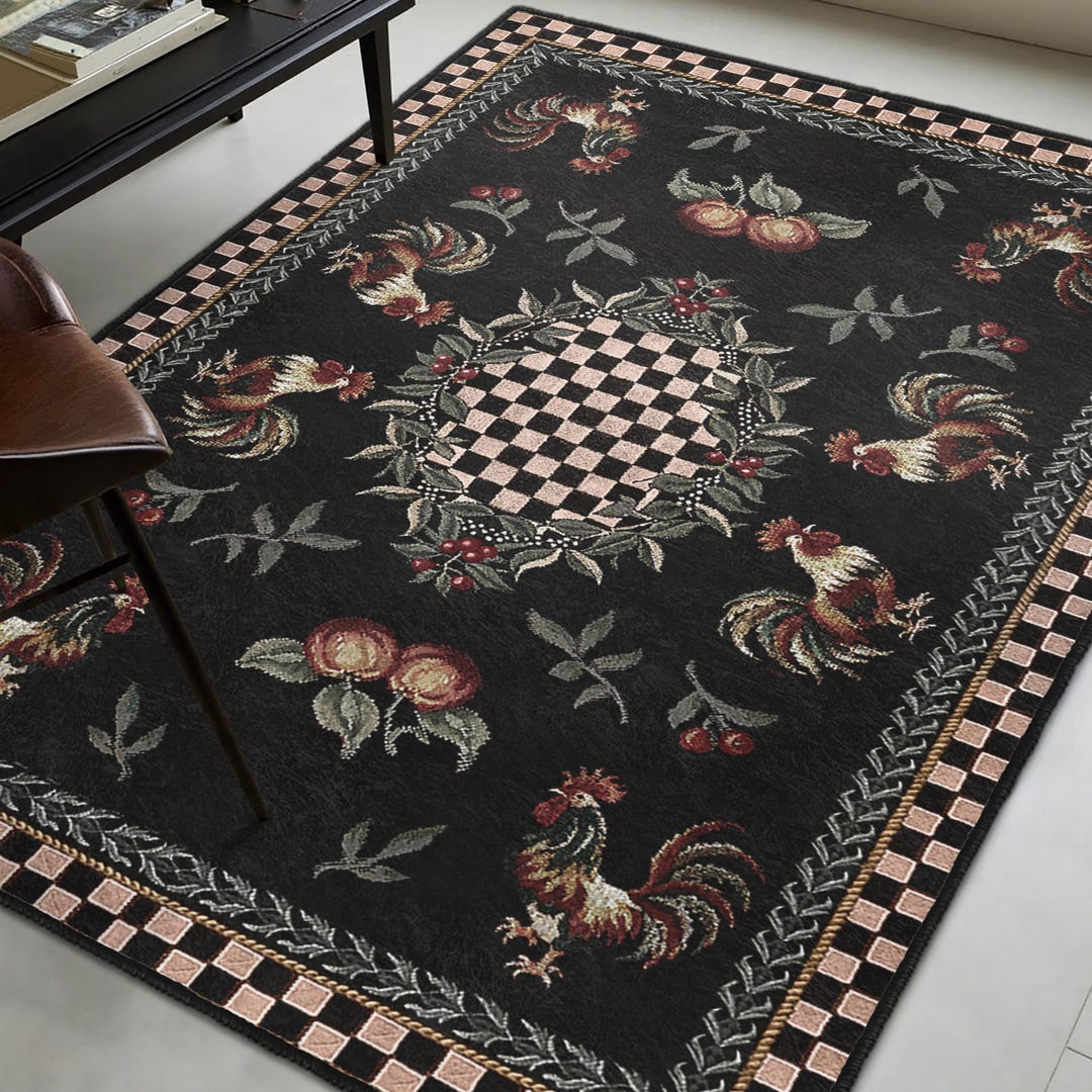 Charming Rooster Accent Rug - Checkered Floral Design Mat - Farmhouse ...