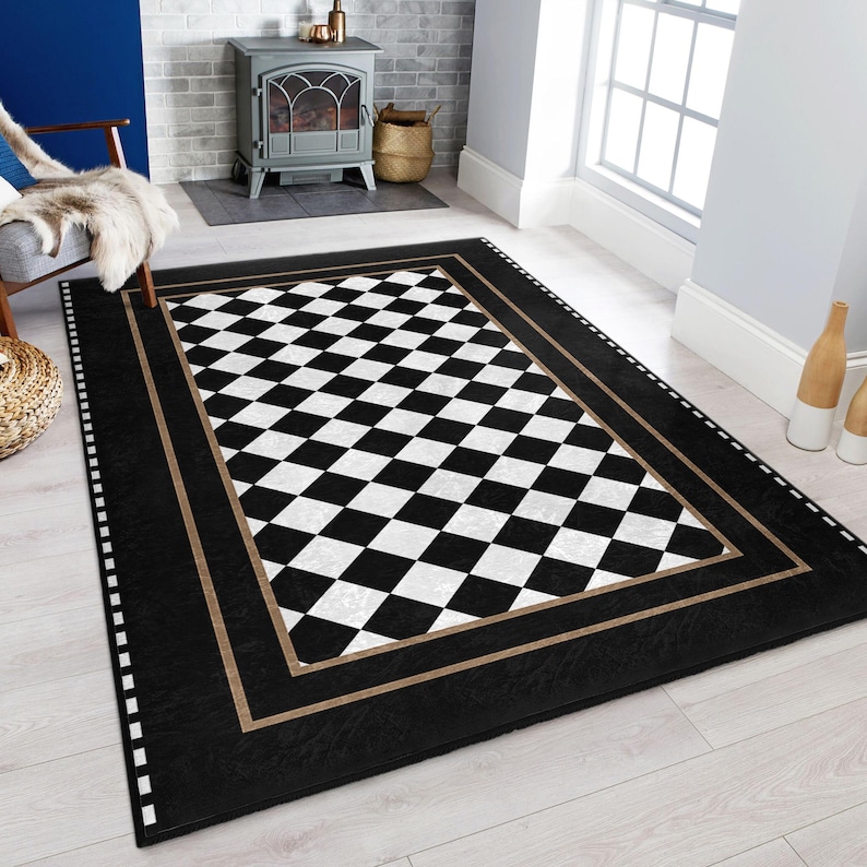 Black White Checkered Area Rug - Geometric Chessboard Pattern Carpet ...