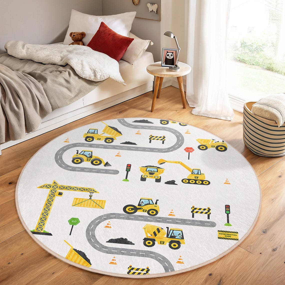 Yellow Construction Zone Theme Kids Room Round Rug - Roads Traffic ...