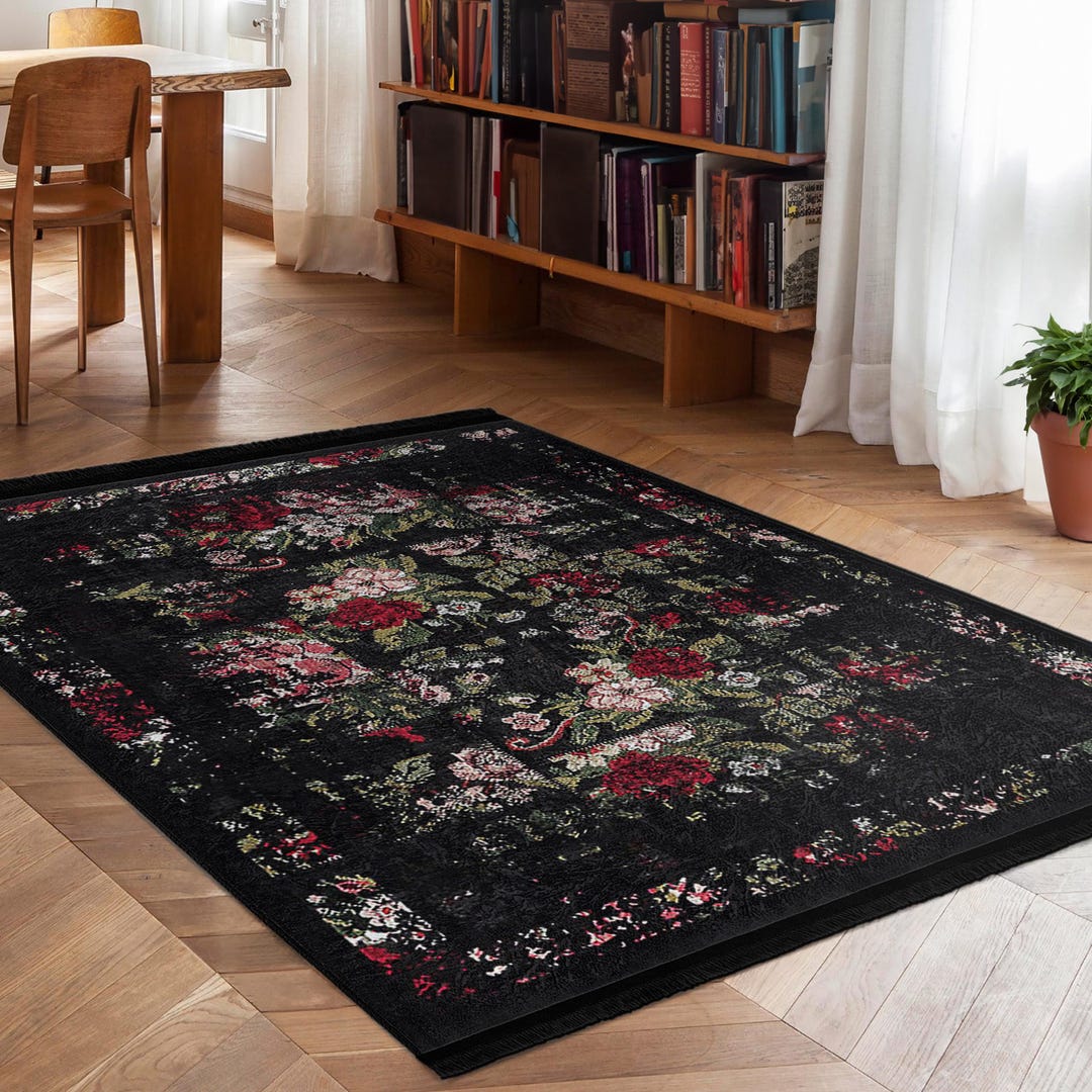 Vintage Black Floral Area Rug - Vibrant Rose Pattern Carpet - Red ...