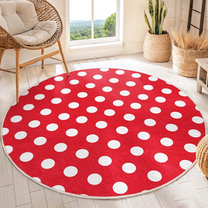 Red Polka Dot Pattern Round Rug - White Dot Vibrant Design Circle ...