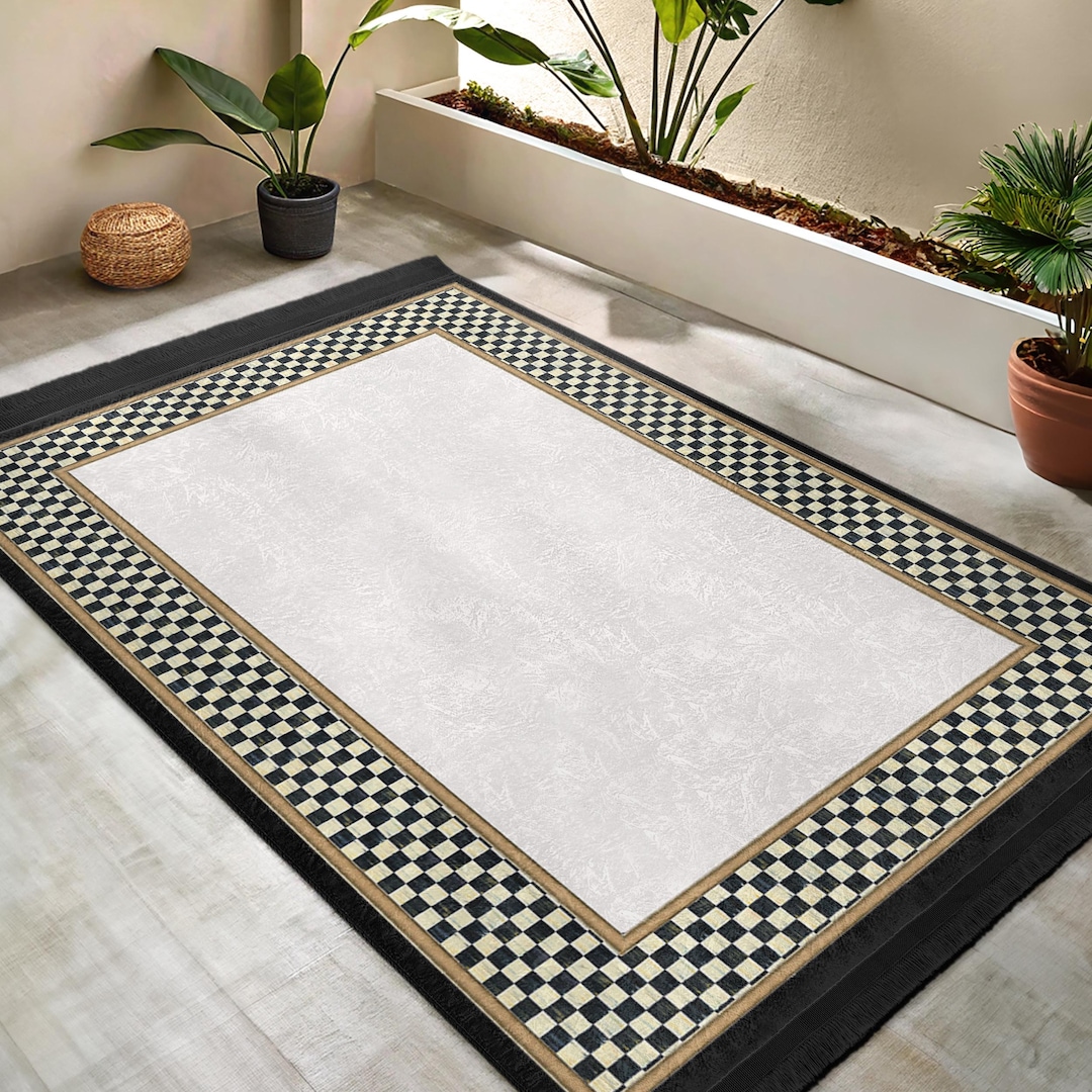 Checkerboard Border Area Rug - White Center Square Rug - Black Gold ...