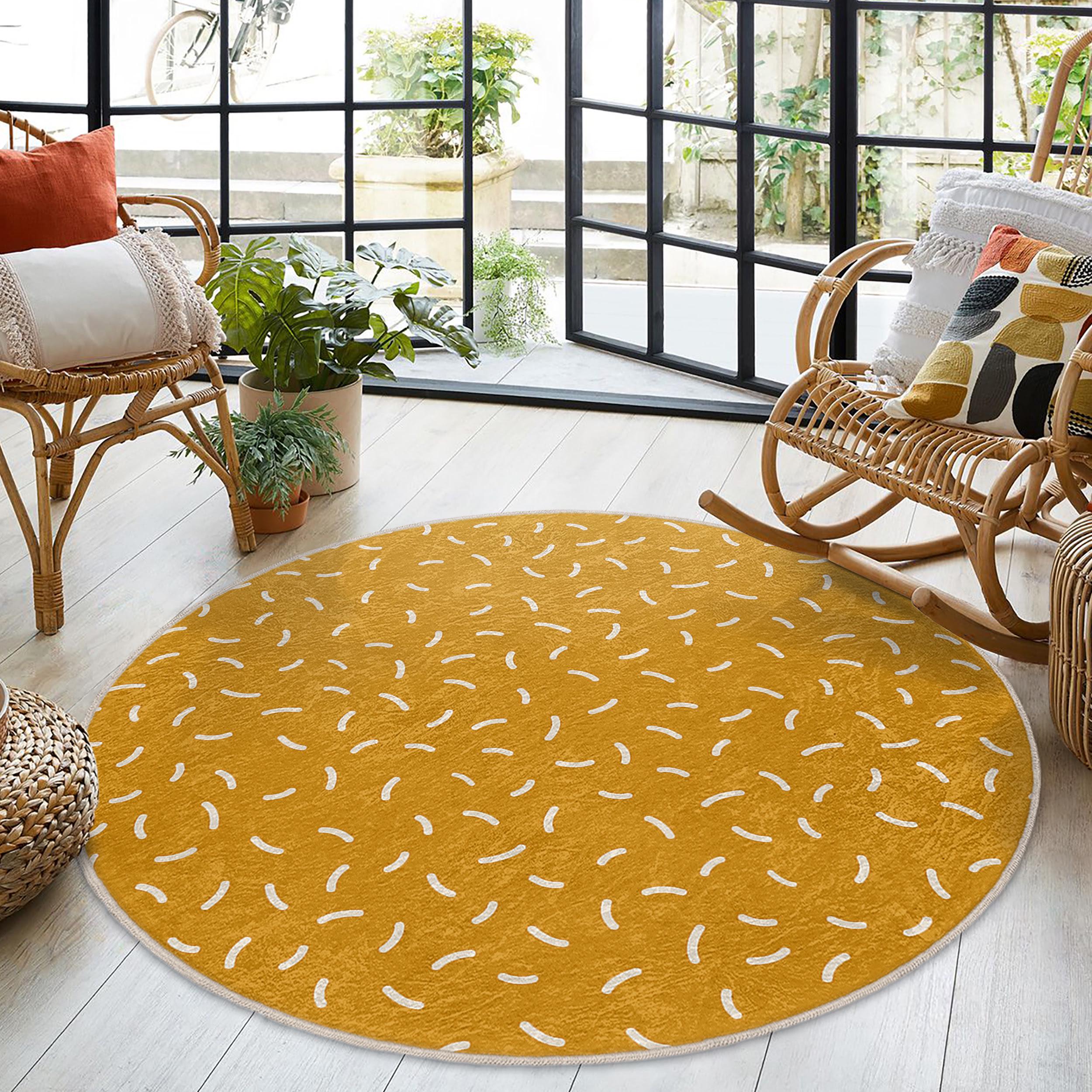 Mustard Sprinkle Pattern Round Rug - Dotted White Lines Area Carpet ...