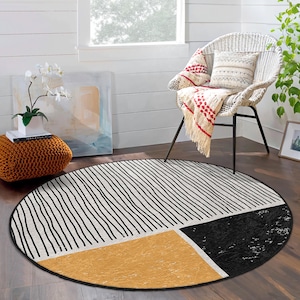 Striped Minimalist Color Block Round Rug - Black White Geometric Circle ...