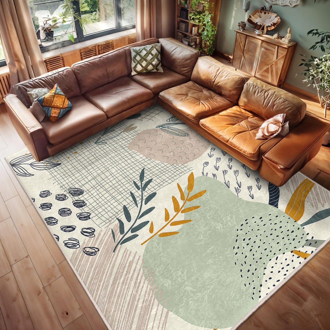 Abstract Shapes Area Rug - Grid Leaf Accent Rug -pastel Tones Carpet ...