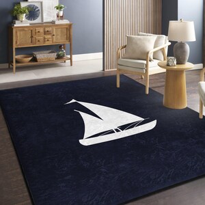 Nautical Sailboat Accent Rug - Sail Design Dark Surface Mat - Navy ...