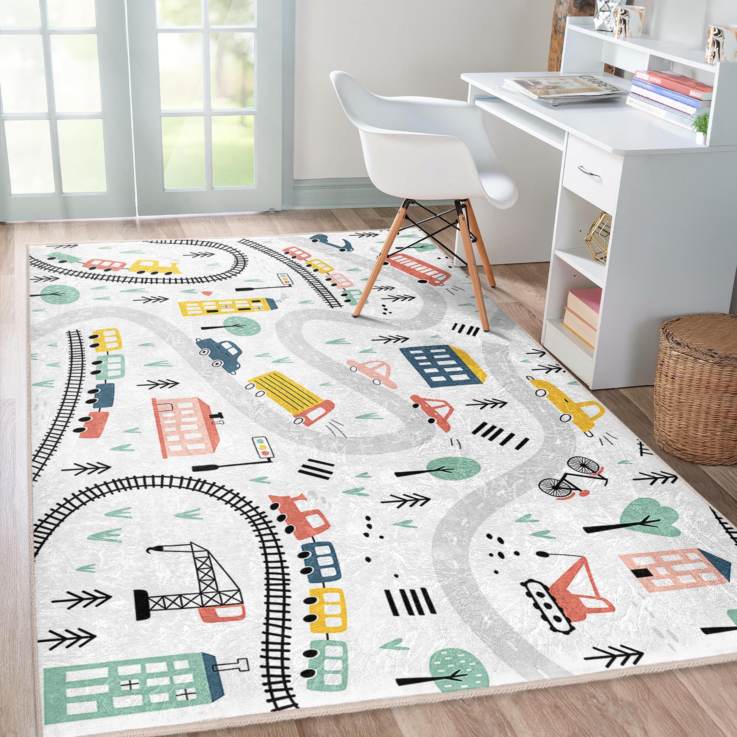 Carte routière pour chambre d'enfant, tapis voitures, voie ferrée ...