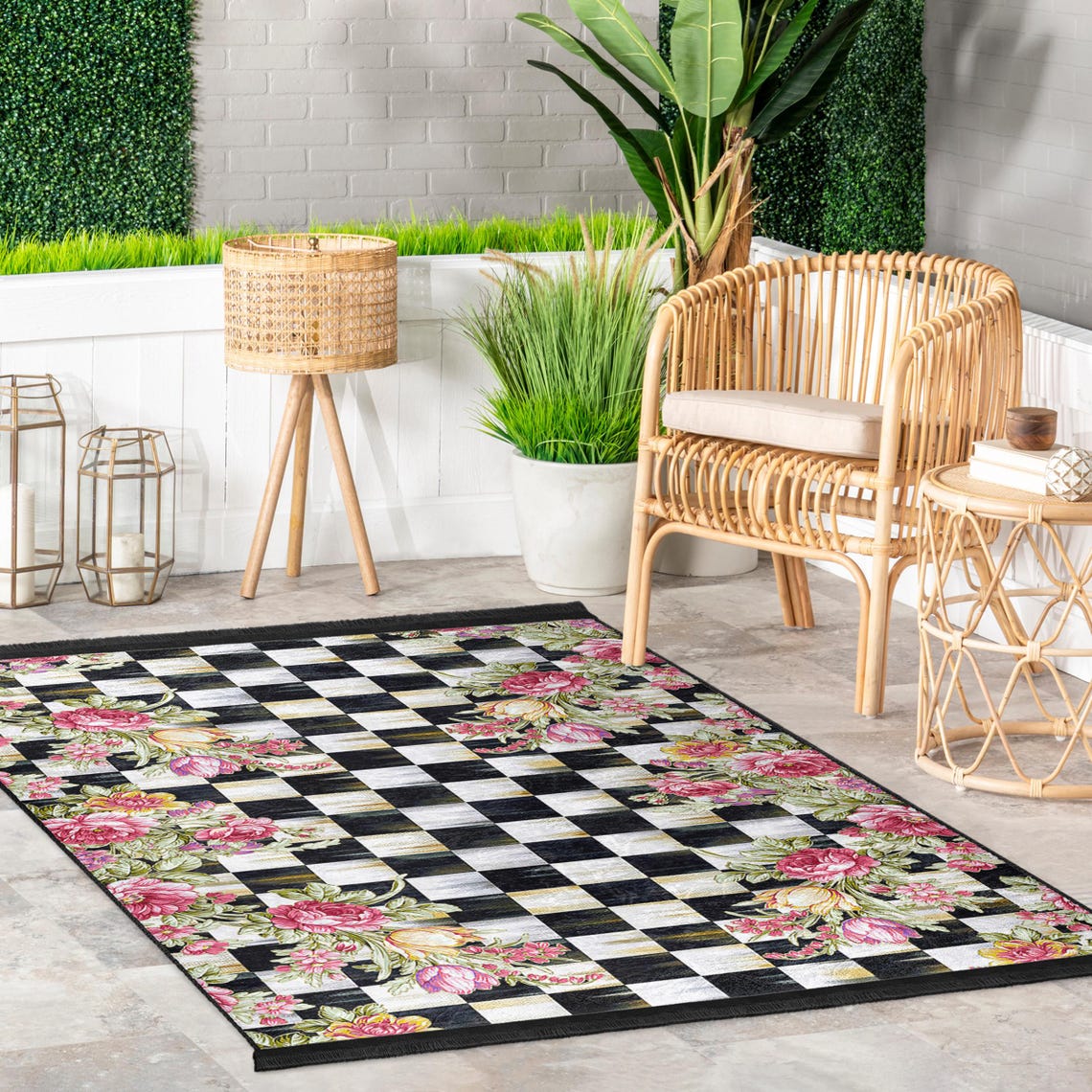 Checkered Floral Accent Rug - Black White Checkered Runner - Carpet ...