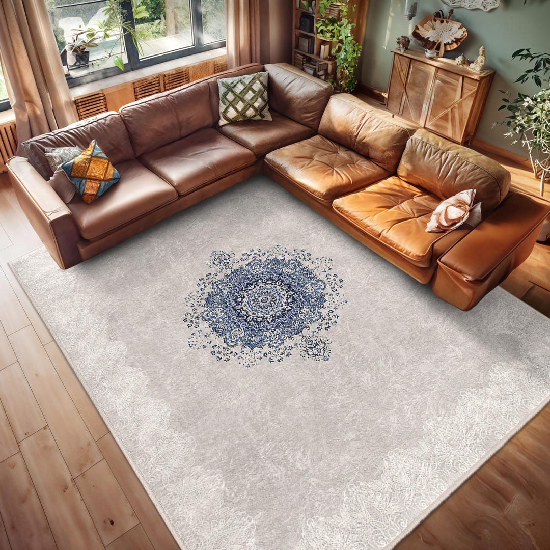 Floral Medallion Accent Rug-blue Centerpiece Carpet-intricate ...