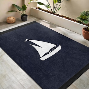 Nautical Sailboat Accent Rug - Sail Design Dark Surface Mat - Navy ...