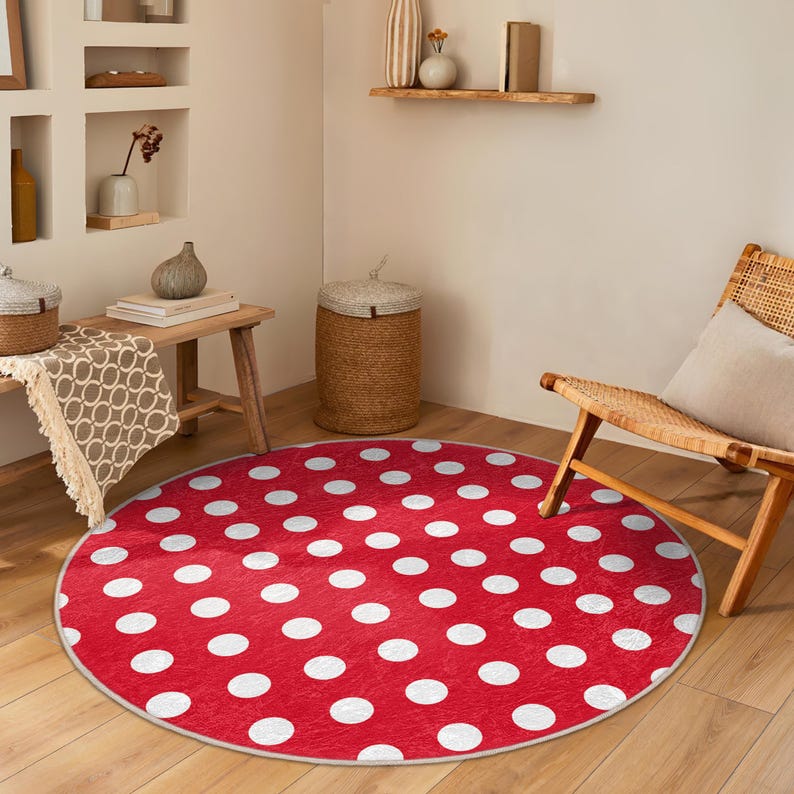 Red Polka Dot Pattern Round Rug - White Dot Vibrant Design Circle ...
