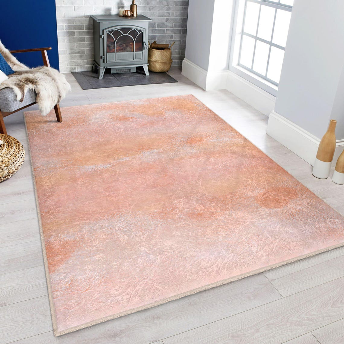 Sunset Blush Area Rug - Faded Peach Texture Mat -pastel Non Slip Runner ...
