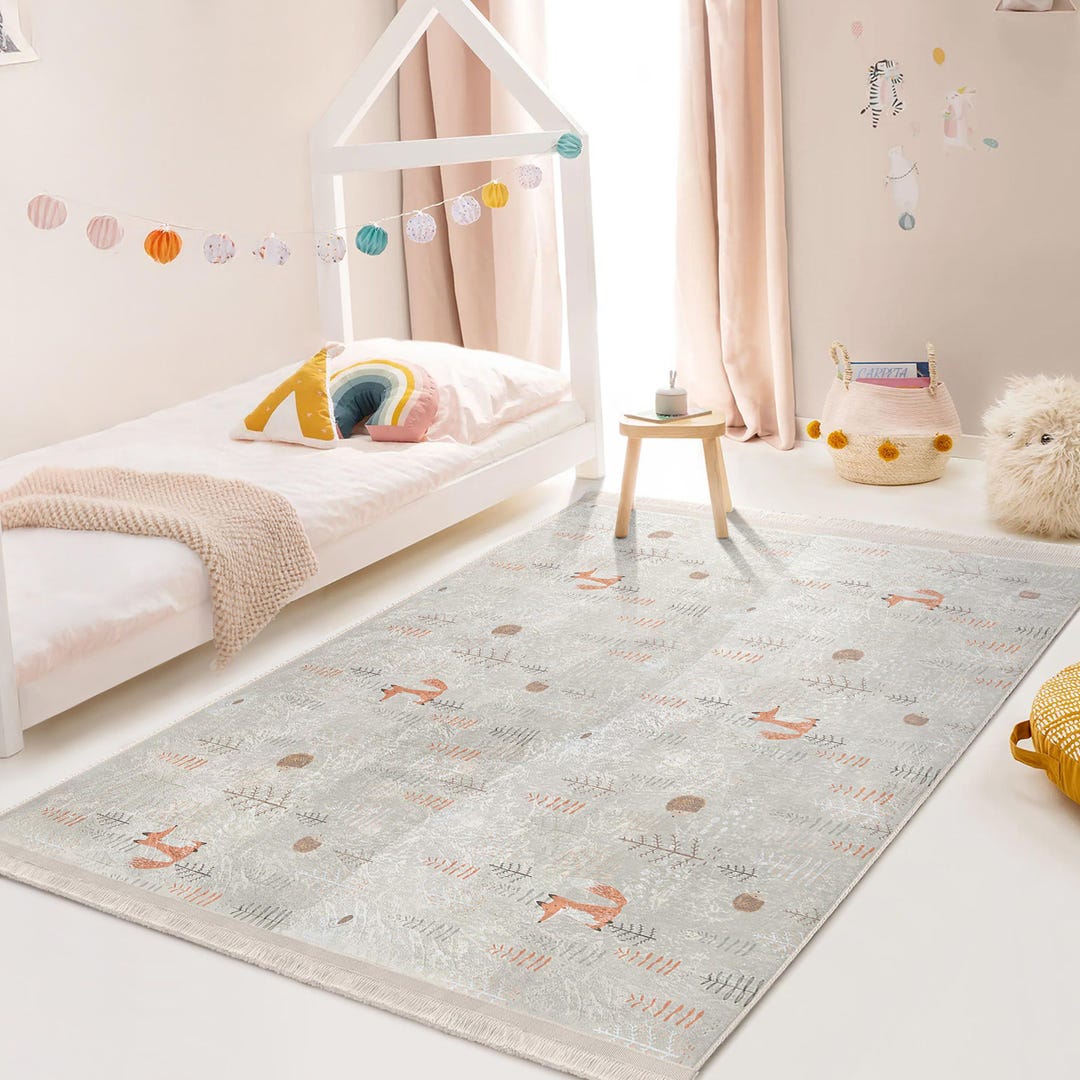 Forest Friends Kids Rug - Whimsical Animal Pattern - Pastel Green ...