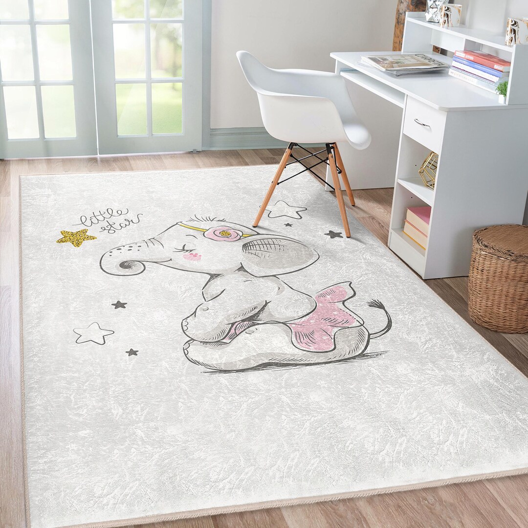 Sweet Elephant Nursery Rug-starry Sketch Design Mat-kids Room Carpet ...