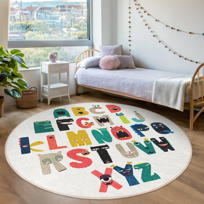 Monster Alphabet ABC Kids Room Round Rug - Monster Letter Colorful ...